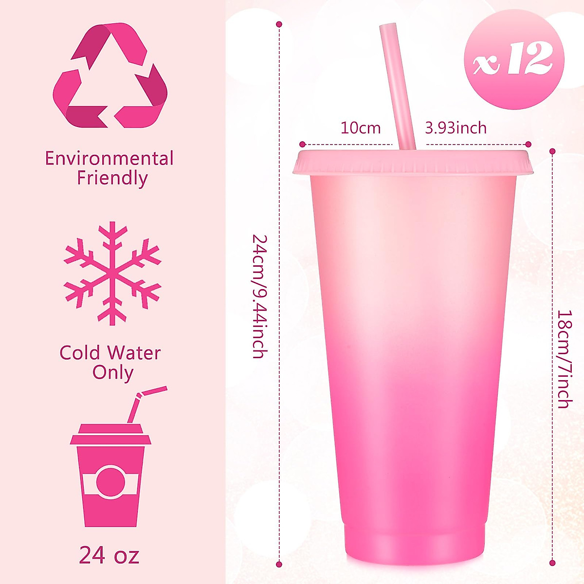 Lallisa Reusable Cups with Lids and Straws 24oz Plastic Cups for Adults Plastic Drink Water Bottle Travel Mug Iced Cold Drinking Cup for Bachelor Party Girls Party(Hot Pink, Pink, 12 Pcs)
