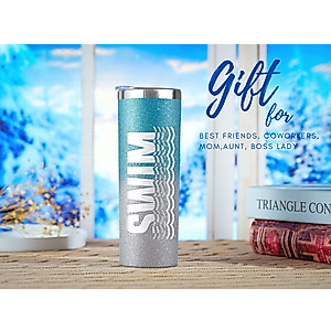 Onebttl Swimming Gifts, Swimmer Stainless Steel Skinny Tumbler for Women, Teen Girls, Teammate, Coach (20oz, Glitter Silver & Blue)-Swim