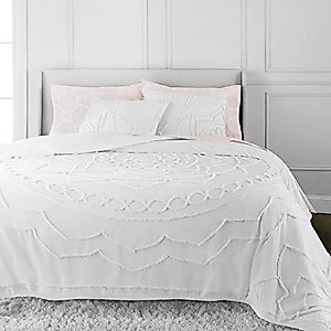 MARTHA STEWART Sophia Medallion Chenille Duvet Cover Queen Size, 3 Piece Set- 1 Duvet Cover, 2 Pillow Shams, Cotton-Percale, Soft, Reversible, Easy Wash, All Season 90"x92" with Button Closure, White