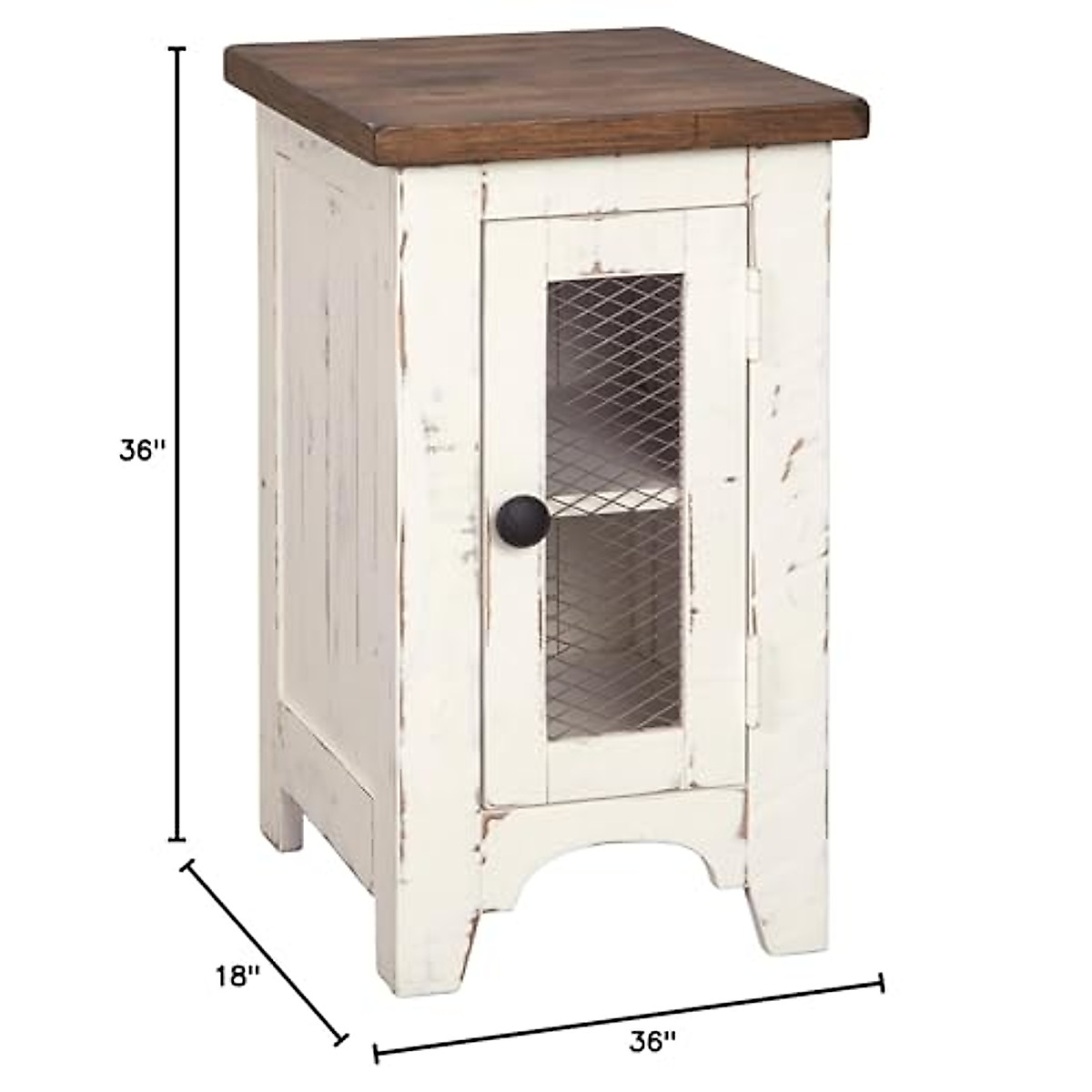 Signature Design by Ashley Wystfield Farmhouse Square Storage Coffee Table with Hinged Lift Top, Distressed White and Chair Side End Table with Cabinet Door for Storage, White & Brown