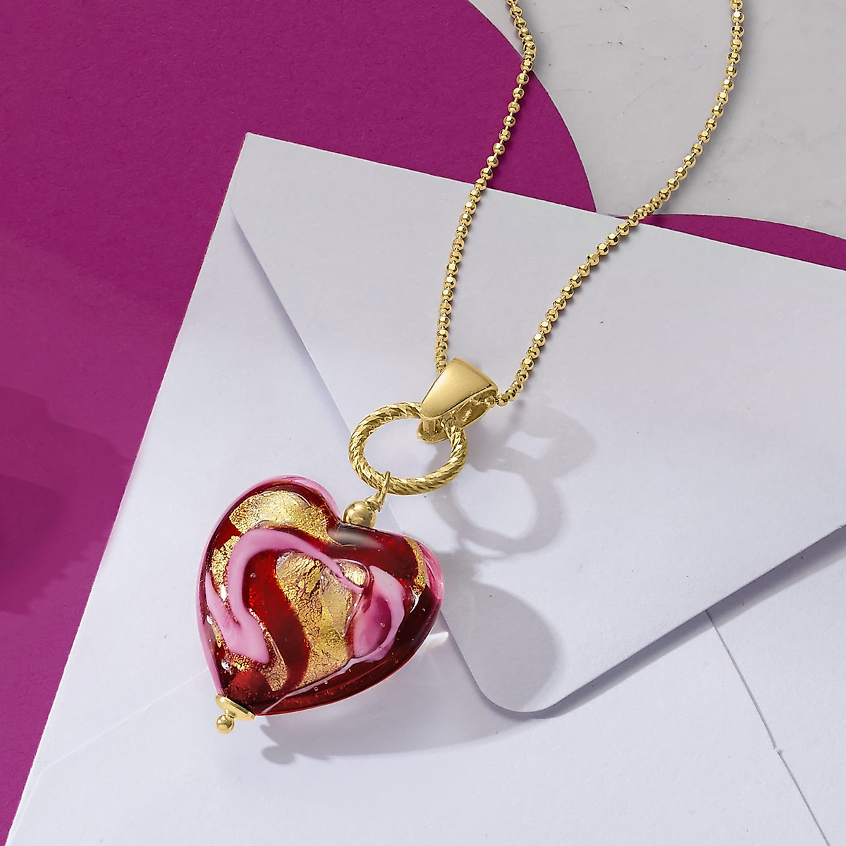Ross-Simons Italian Red and Pink Murano Glass Heart Necklace in 18kt Gold Over Sterling. 18 inches
