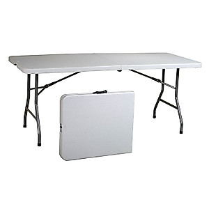 Ontario Furniture 6 Foot Plastic Folding Table - Folds in Half with Carrying Handle Rectangular - Lightweight and Portable - White Resin with Sturdy Steel Frame