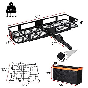 Basket Trailer Hitch Cargo Carrier 60"x 21" Folding Trailer Hitch Luggage Rack with Cargo Bag and Net, 550 LBS Capacity Vehicle Cargo Carriers Hitch Mount Fit 2" Receiver for SUV, Truck, Car