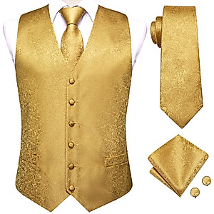 Dubulle Mens Suit Vest and Tie Set Paisley Floral Waistcoats for Men with Necktie Pocket Square Cufflinks Tuxedo Wedding,Gold,Large