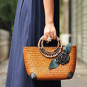 QTKJ Summer Beach Bag, Boho Handmade Rattan Handbag, Round Bamboo Handle and Silk Flower, Large Straw Retro patternTote Bag for Beach Vacation Daily(Brown)