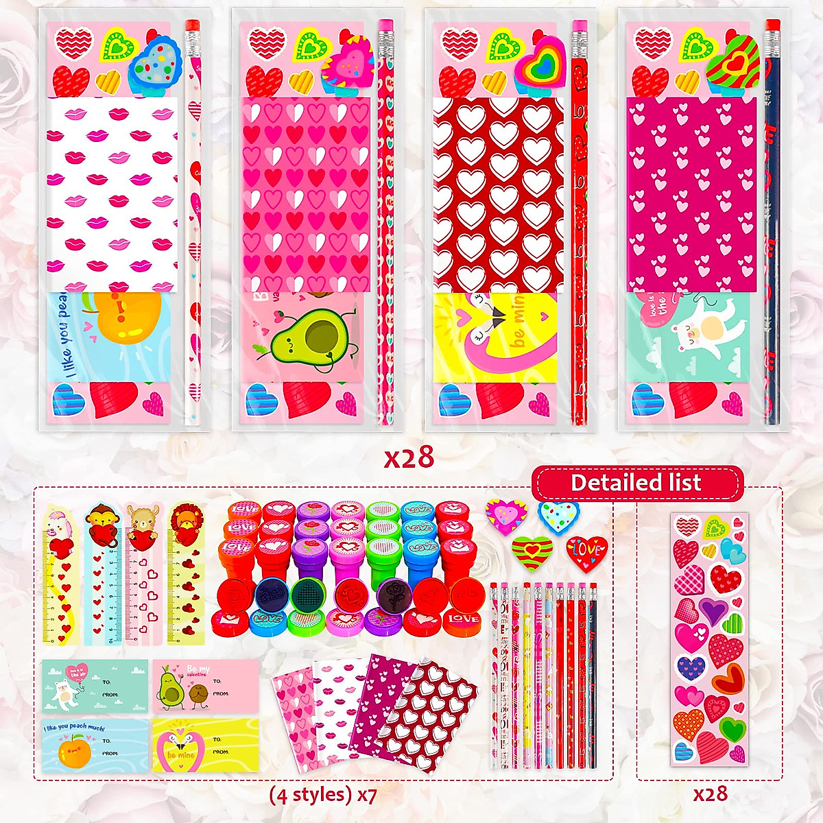 28 Pack Assorted Valentines Day Stationery Kids Gift Set, for Valentine Card Classroom Exchange Cards, Class Kid Pencil Eraser Notepad Sticker Bag, Pencils Bulk Pack Goodie Set, Toys Treats
