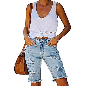 Women's Distressed Bermuda Jean Shorts Casual Summer Knee Lenght Jeans With Hole Stretchy Washed Ripped Short Denim Pants (Blue,Medium)