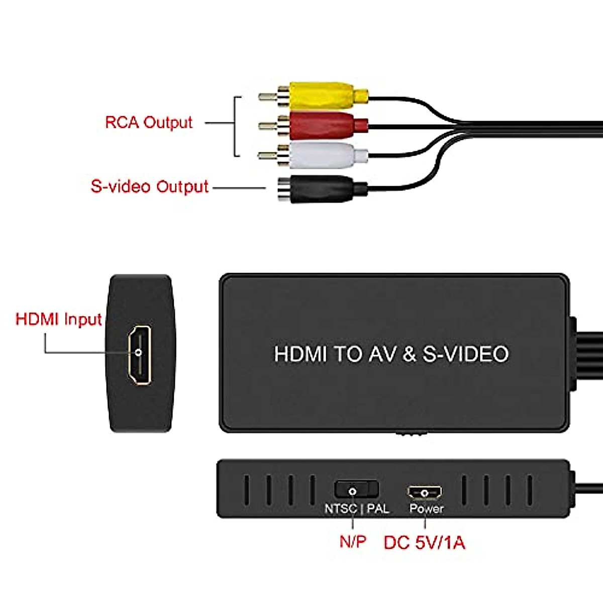 HDMI to AV and S-Video Converter HDMI to Audio Video Converter HDMI to RCA Adapter with Svideo Cable Support 720P/1080p for Roku /Xbox / STB/ VCR/ Blu-ray/ DVD/ PS3/ Laptop/ TV/ Projector etc