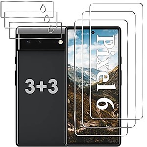 [3+3 Pack] Pixel 6 Screen Protector + Camera Lens Protector, HD Tempered Glass Film, Fingerprint Unlock, Anti-Scratch, Easy Installation, Bubble Free, 9H Glass Screen Protector for Google Pixel 6 5G