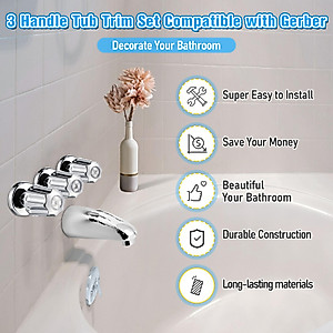 Enhon Faucet Handles, 3 Handle Tub Trim Set Compatible with Gerber Faucet Knob Handle Bathtub Shower Faucet Handle Remodel Trim Kit Include 1 Hot 1 Cold 1 Diverter, and 3 Adapters (16 Point Broach)