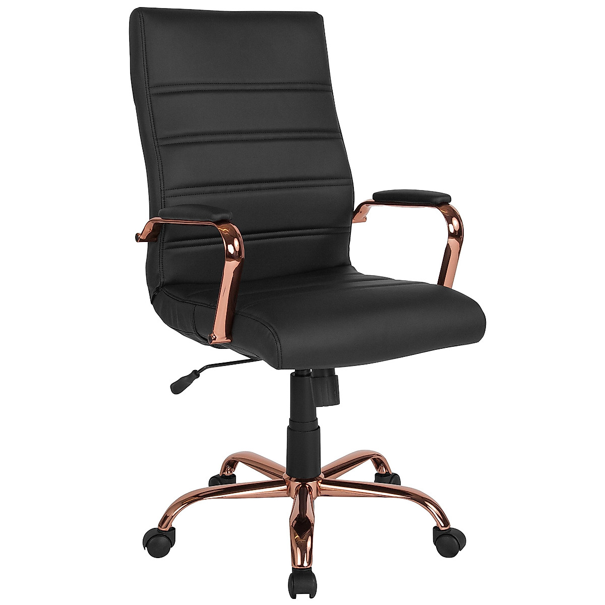 BizChair High Back Desk Chair - Black LeatherSoft Executive Swivel Office Chair with Rose Gold Frame - Swivel Arm Chair