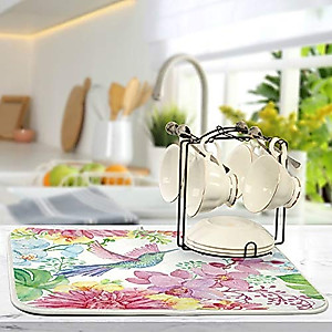 Bird Hummingbird Flowers Orchids Butterfly Dish Drying Mat 24"x18" Absorbent Machine Washable Hanging Fast Dry Pad Dish Protective Mat for Kitchen Countertop Heat Resistant Dinner Table Mat