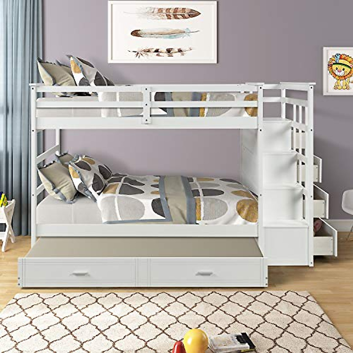 Bunk Bed Twin Over Twin, Bunk Bed with Trundle for Adults, Bunk Bed with Stairs and Storage, Kids Twin Bunk with Drawers(White)