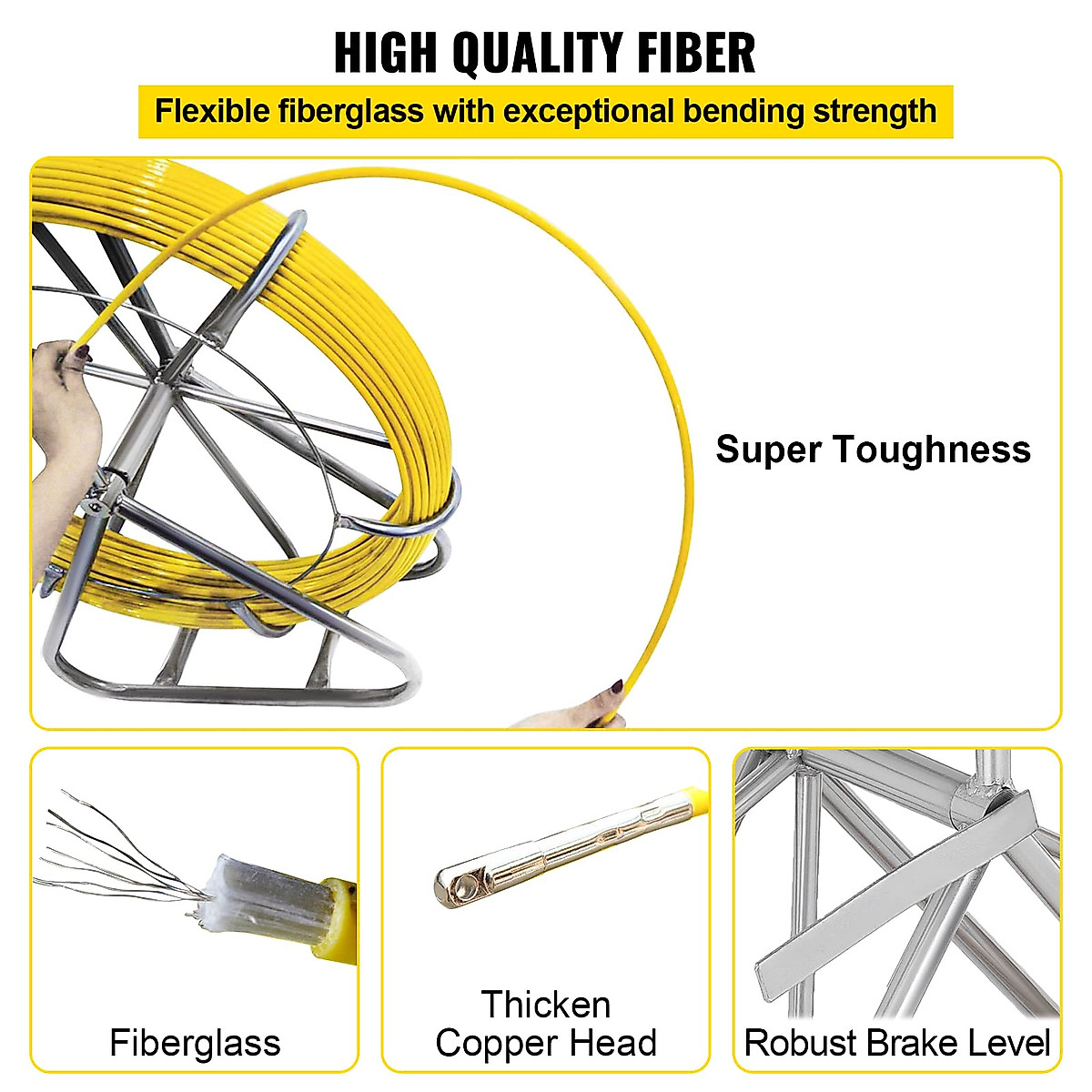 VEVOR Fish Tape Fiberglass 8MM 492FT Duct Rodder Fish Tape Continuous Fiberglass Tape Wire Cable Running with Cage and Wheel Stand
