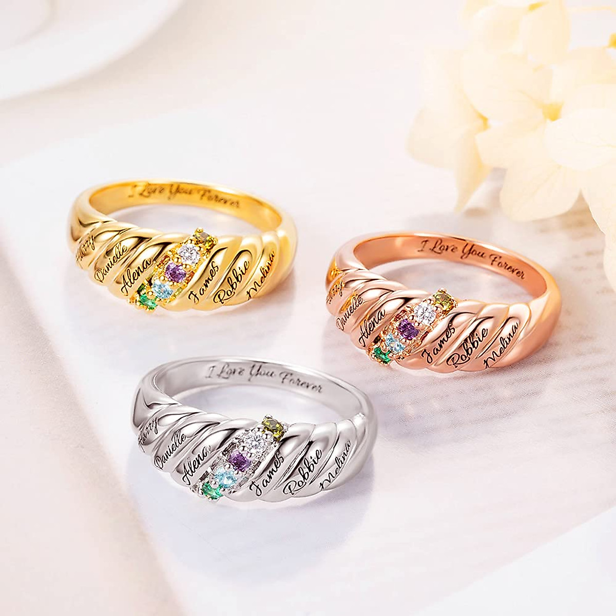 AILIN Custom Dome Chunky Birthstone Rings 925 Sterling Silver Personalized Inside Engraving Birthstone Name Rings Wedding Engagement Mothers Day Birthday Jewelry Gifts For Women Grandma Daughter