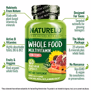 NATURELO Whole Food Multivitamin for Teens - Vitamins and Minerals for Teenage Boys and Girls - Supplement for Active Kids - with Organic Whole Foods - Non-GMO - Vegan & Vegetarian - 60 Capsules