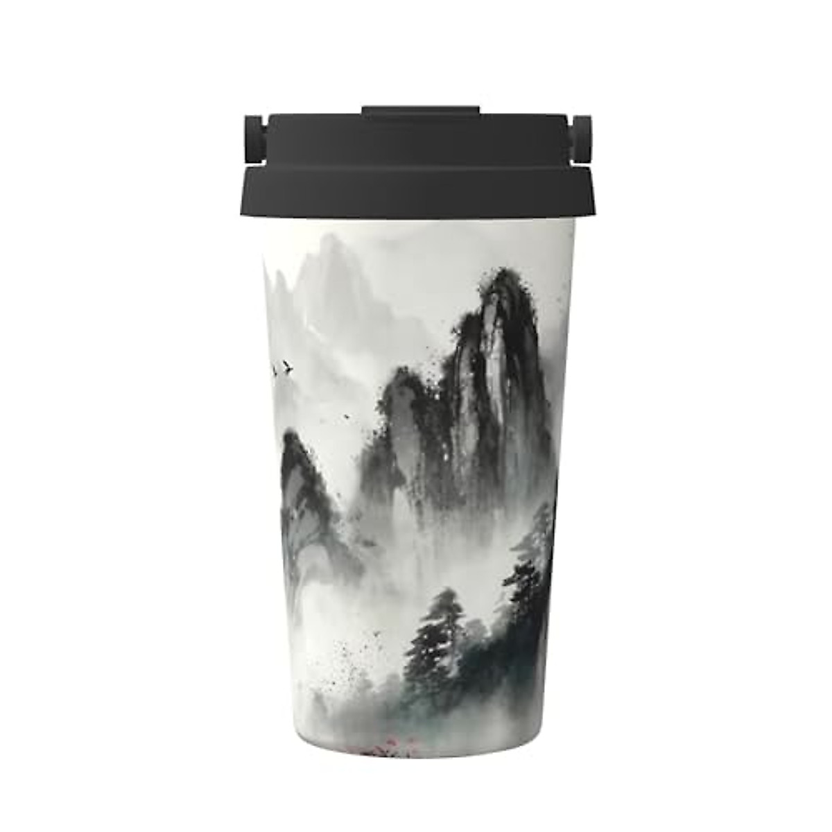 GTKSYNVE Reusable Coffee Mug with Lid and Handle, Ink Painting Style Mountain Tumbler for Hot & Cold Drinks 16oz Stainless Steel Insulated Coffee Tumblers Double Wall Vacuum Thermal Cup