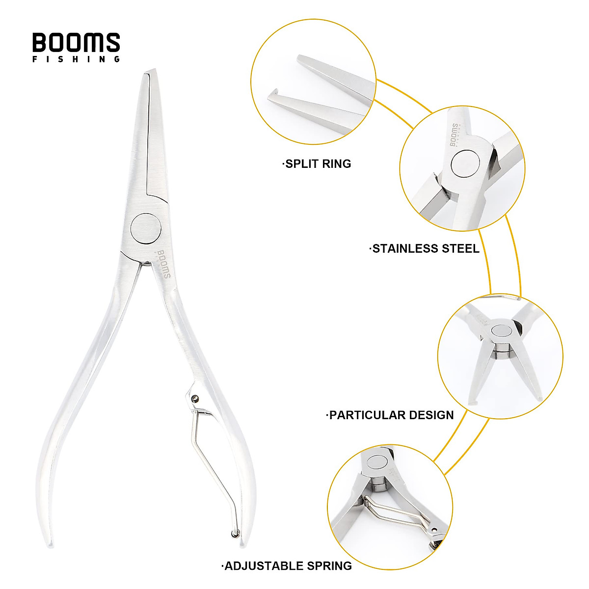 Booms Fishing SR4 Fishing Split Ring Pliers,Stainless Steel Tackle Split Ring Pliers,Saltwater Resistant Fishing Tools, 100PCS Split Rings Included