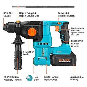 Berserker 20V Cordless 1-1/8" SDS-Plus Brushless Rotary Hammer Drill with Safety Clutch, 4.0Ah Lithium-Ion Battery Operated and Super Fast Charger, 4 Functions Variable Speed Rotomartillo for Concrete