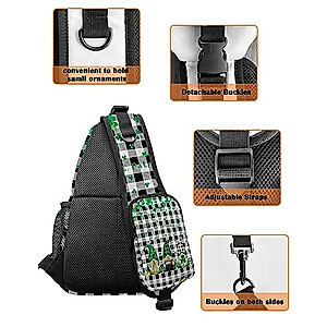 Sling Backpack, St.Patrick's Day Shamrocks Gnome Black and White Buffalo Plaid Waterproof Lightweight Small Sling Bag, Travel Chest Bag Crossbody Shoulder Bag Hiking Daypack for Women Men