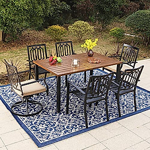 HERA'S HOUSE 7 Pieces Patio Dining Set, 60" Wood Look Table, 4 Metal Chairs and 2 Swivel Chairs, 6-Person Outdoor Table and Chairs Set for Lawn Garden Backyard