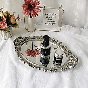 Ham Oval Floral Wall Mirror Tray, Dresser Organizer Tray, Decorative Perfume Mirror Tray, Serving Tray, 9.5’’ X 14.5’’, Silver