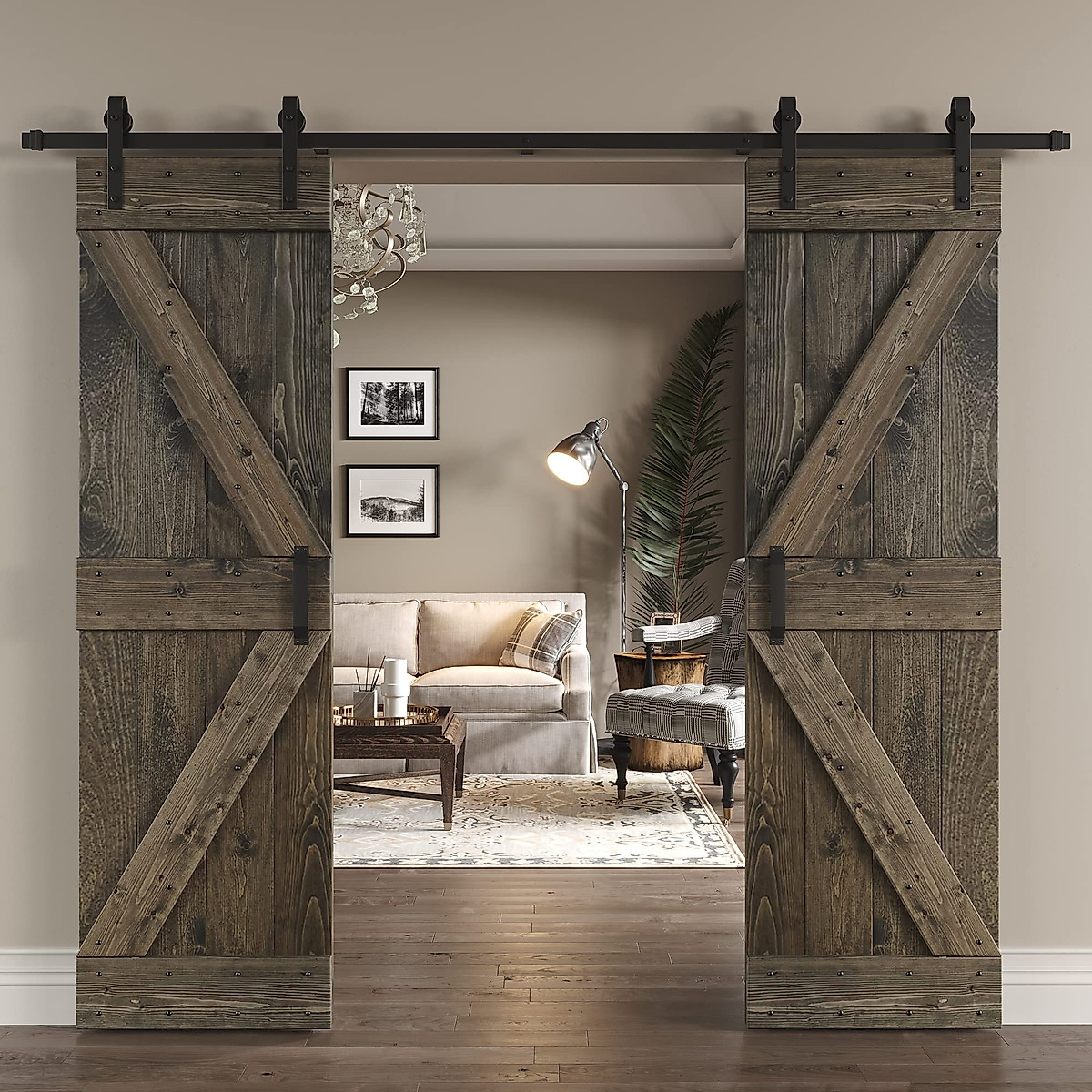 48 in/60in/72in/84in X 84 in K Series DIY Knotty Wood Double Sliding Barn Door with Hardware Kit (60 in x 84 in, Aged Barrel)