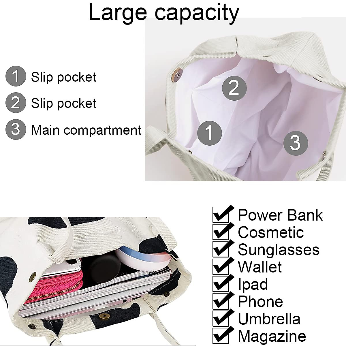 Trendlooks Large Corduroy Tote Bag Lightweight Reusable Canvas Purse for Women Girls Enjoy Your Life Label (XL,COW PRINT)