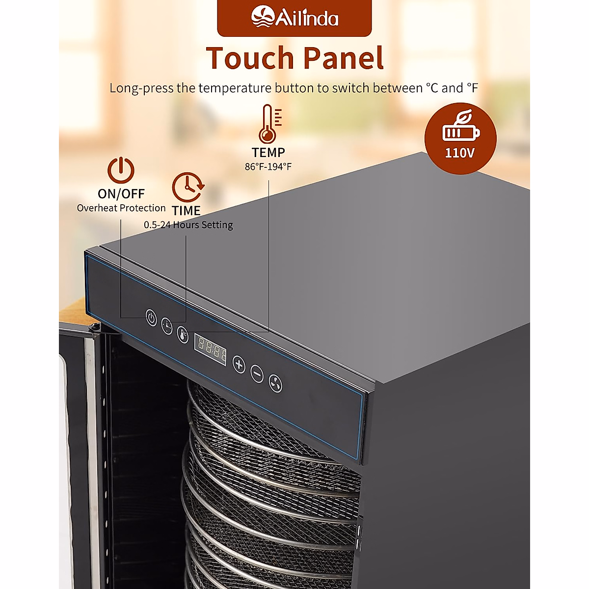 Food dehydrator, 12-layer stainless steel rotating dehydrator, suitable for food, jerky, dog food, herbs, vegetables, fruits, temperature function, 24-hour timer, overheating protection