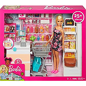 Barbie Doll & Playset, Supermarket with 25 Grocery Store-Themed Accessories Including Food, Check-Out Counter & Shelves