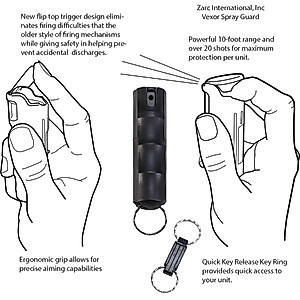 VEXOR Pepper Spray GEL—Police Strength—Flip-Top Grip—Black Case & Finger Grip—Quick Release Key Ring—20+ Shots—10-12 Ft. Range