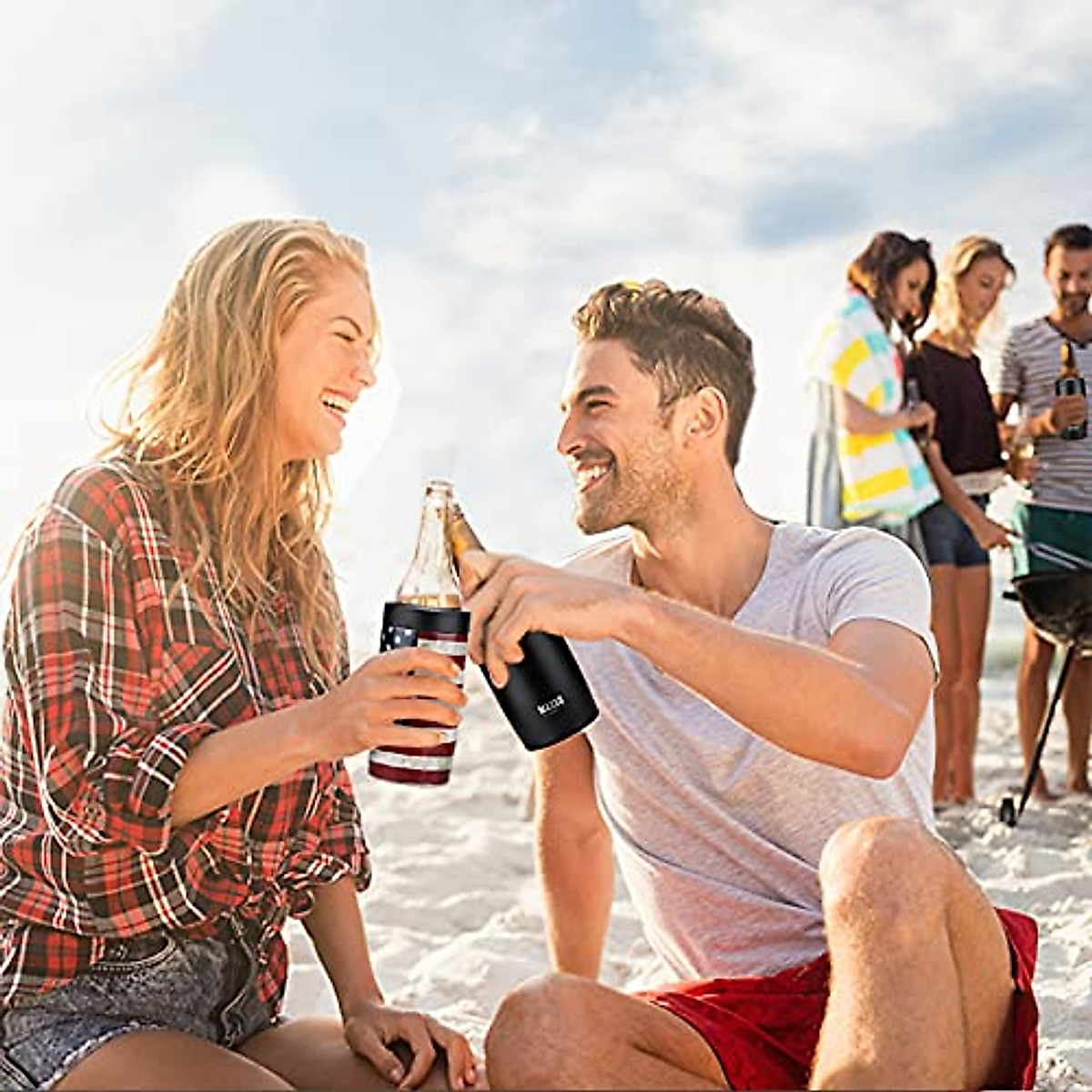 2 Pack Slim Can Cooler, 4-IN-1 Can Insulator for 12 Oz Beer & Soda, Double Wall Stainless Steel Can Sleeves Keep Your Beverages Cold (American Flag&Black)