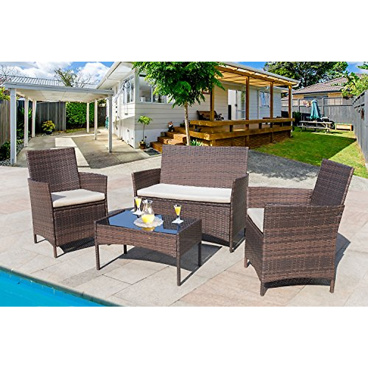 Homall Outdoor Indoor Use Backyard Porch Garden Poolside Balcony Sets Clearance Brown and Beige 4 Pieces Furniture