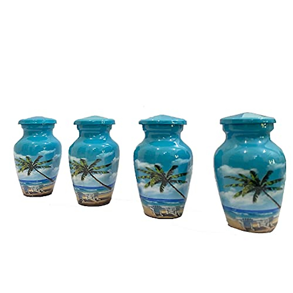 HLC URNS Keepsake Urn Set of 4 – Lovely Blue Beach Set of 4 Keepsake Cremation Urn for Human Ashes with Velvet Box & 4 Velvet Bag-Mini Keepsake Urn - Affordable Keepsake Urn (3 cu.in)