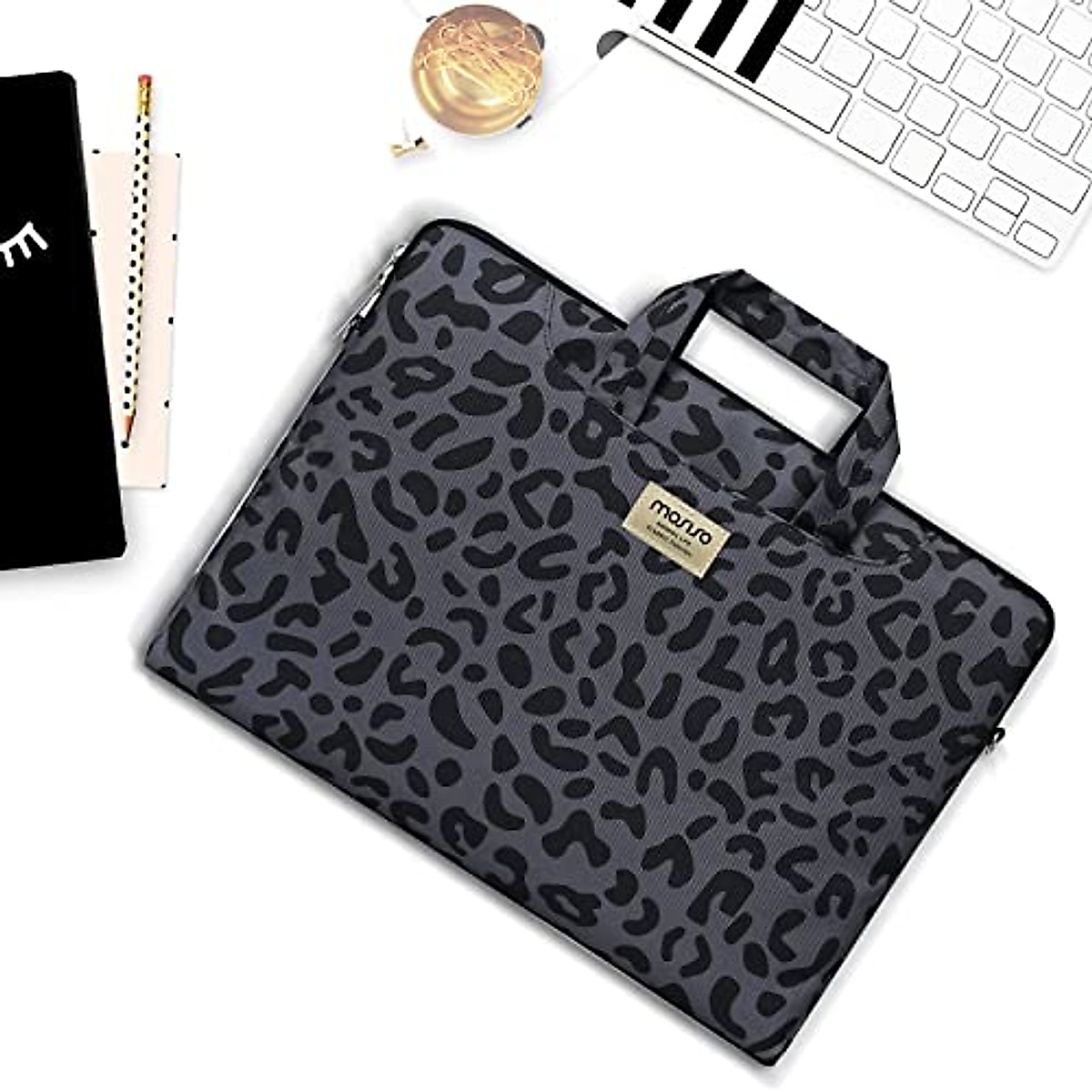 MOSISO Laptop Shoulder Bag Compatible with MacBook Air/Pro,13-13.3 inch Notebook,Compatible with MacBook Pro 14 inch M3 M2 M1 Pro Max 2023-2021, Leopard Grain Briefcase Sleeve with Belt