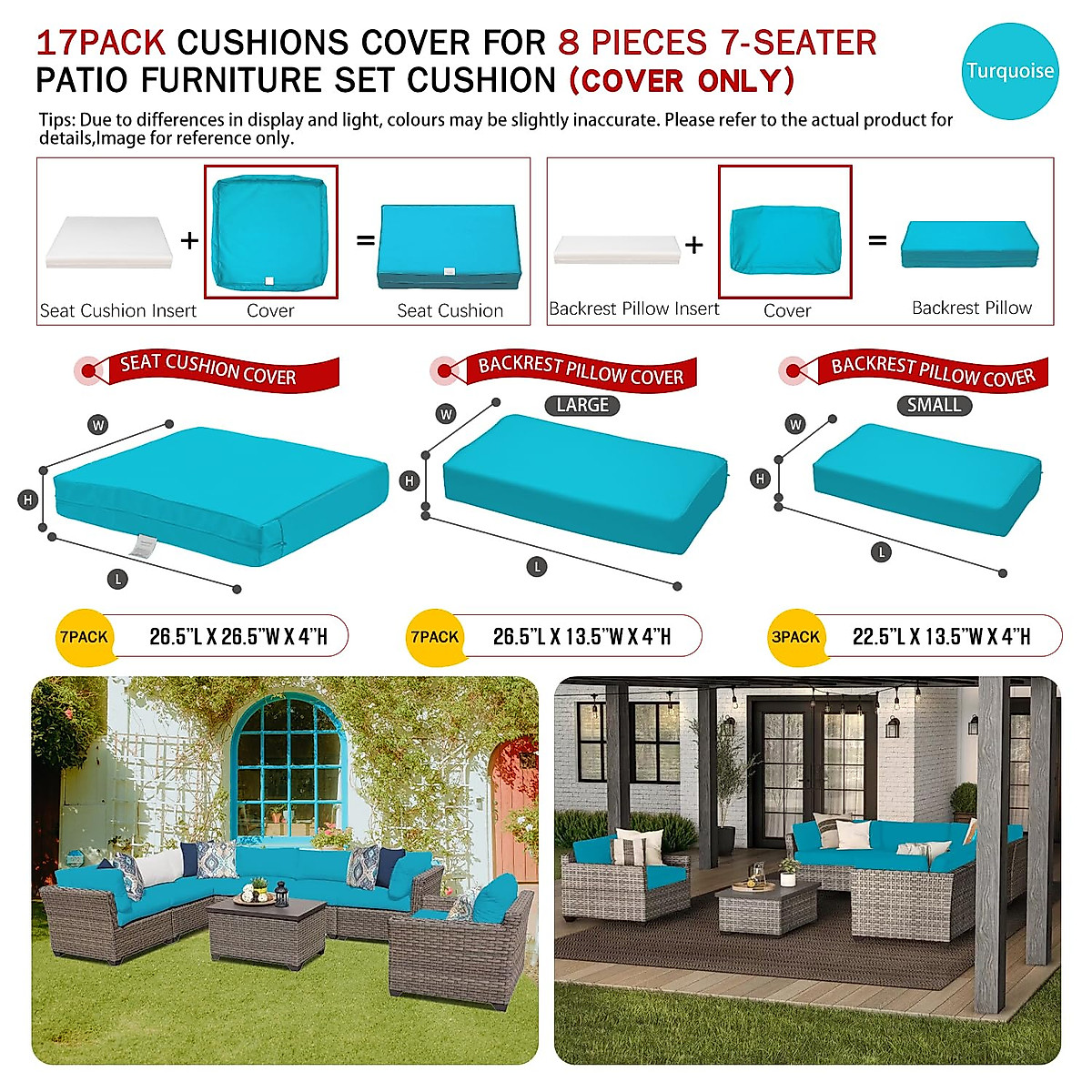 ClawsCover 17Pack Outdoor Seat and Back Cushions Replacement Covers Fit for 8 Pieces 7-Seater Wicker Rattan Patio Furniture Conversation Set Sectional Couch,Turquoise-Include Cover Only