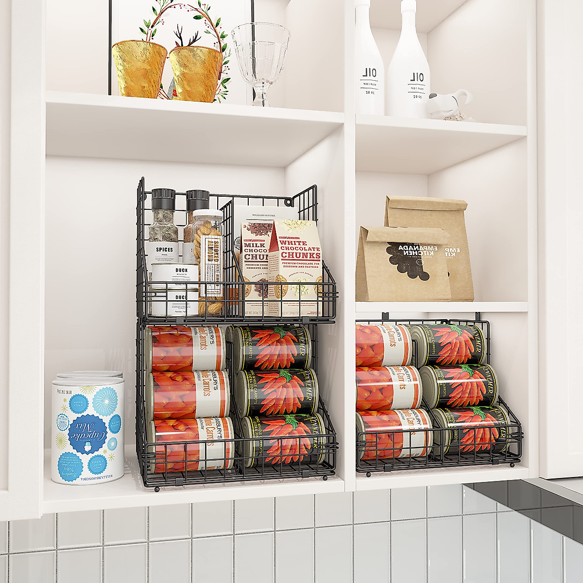 Stackable Can Rack Organizer, Strong Stable Adjustable Can Dispensers, Up to storage 28 cans, Beverage Soda Can Storage Organizer Basket with Removable Dividers,Black