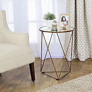 HomePop Metal Accent Table Triangle Base Round Mirror Top, Gold