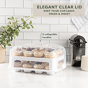 Cupcake Carrier 24 Count - Sturdy Cupcake Holder with Lid & 2 Handles, Stylish Two-Tier Cupcake Carrier/Stand, Spacious 3.5” Top & Bottom Tray