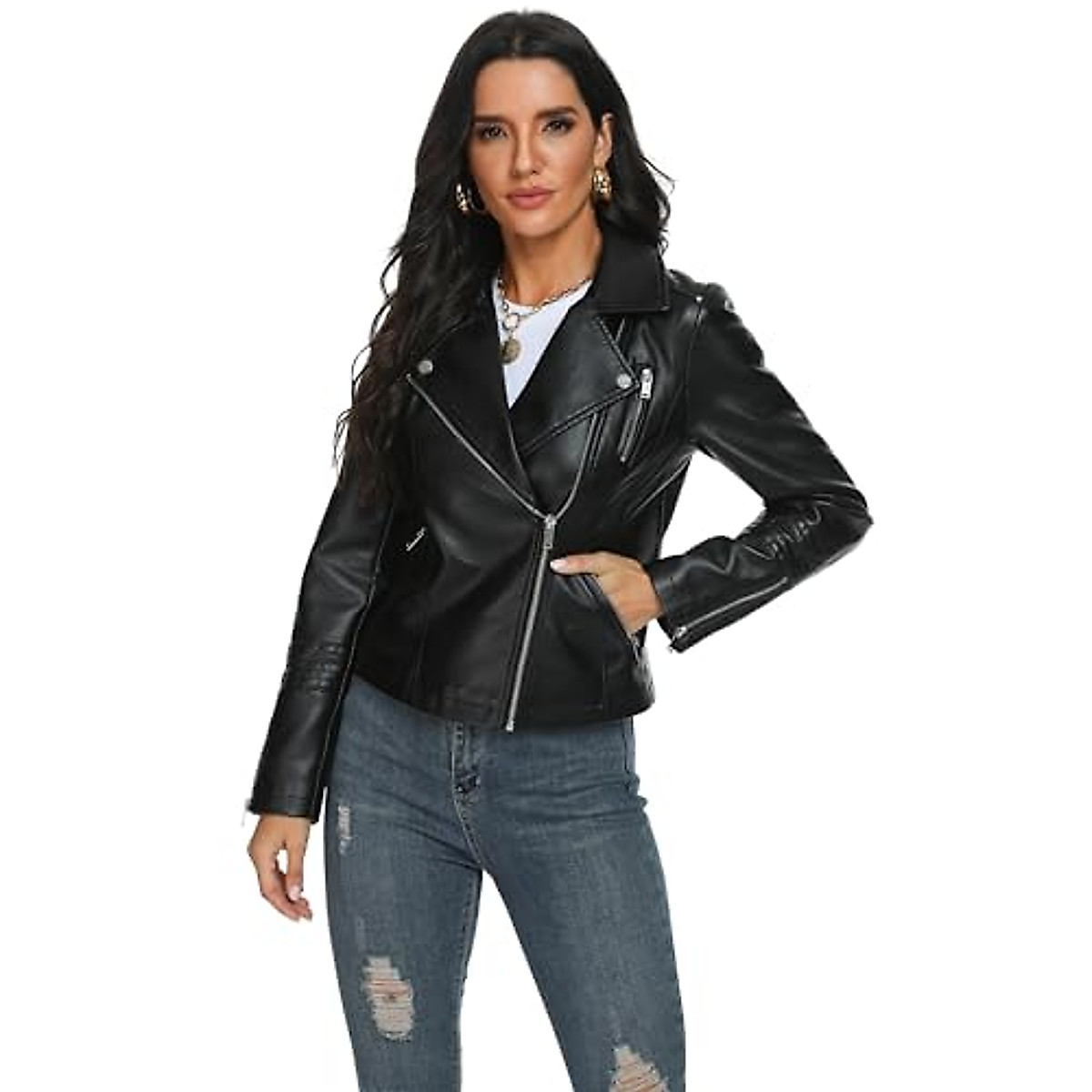 Fahsyee Women's Leather Jackets, Faux Motorcycle Plus Size Moto Biker Coat Short Lightweight Vegan Pleather Fashion, Black, M