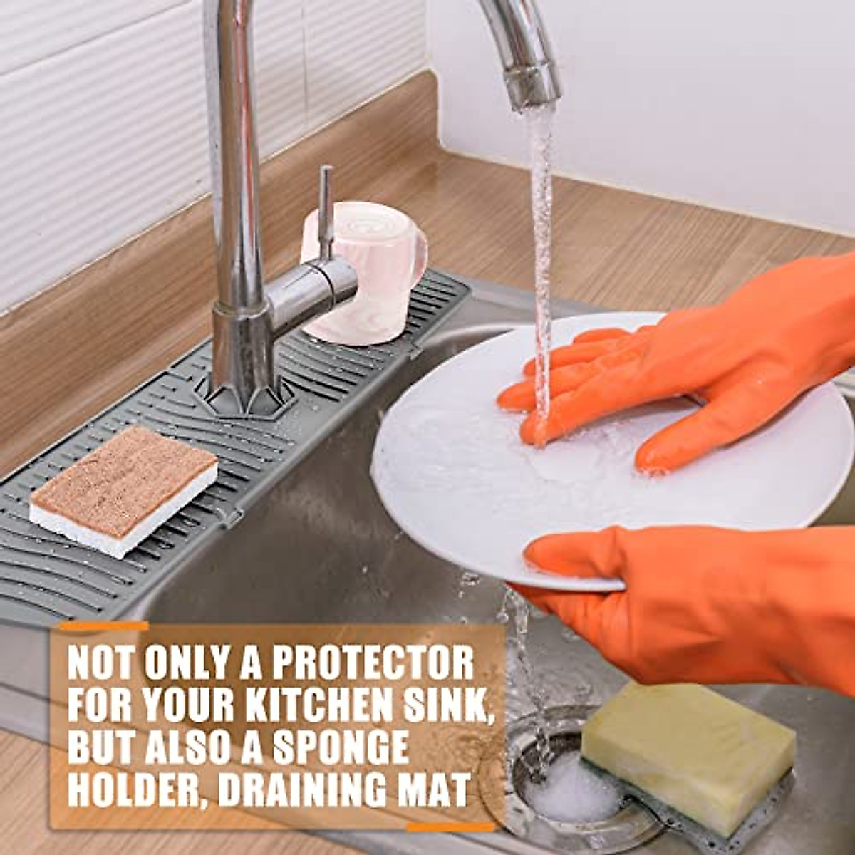 COBETE Kitchen Sink Splash Guard, 24in Faucet Mat Splash Catcher, Handle Drip Catcher Tray, Multipurpose for Kitchen Dish Drying Mats Sponge Holder and Bathroom Countertop Protect