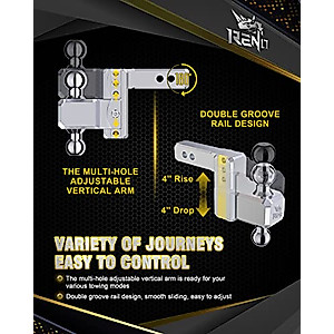 RENO Adjustable Trailer Hitch, Aluminum Dual-Balls with 2 Inch and 2-5/16 Inch, 4" Rise/Drop Hitch Ball Mount for 2" Receiver - 12,500 lbs Towing Capacity