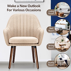 Giantex Set of 4 Fabric Dining Chairs, Accent Upholstered Arm Chair w/Wood Legs, Thick Sponge Seat, Non-slipping Pads, Modern Leisure Chair for Dining Room, Living Room, Bedroom (4, Beige)