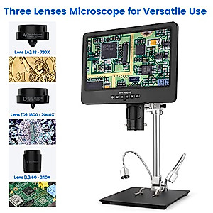 JOYALENS JL249MS 3 Lens 10 Inch LCD HDMI Digital Microscope 2000x, 24MP Soldering Microscope Pro Metal Stand for Vertical Horizontal Adjust, Coin Microscope, Biological Microscope, PC Compatible, 32GB