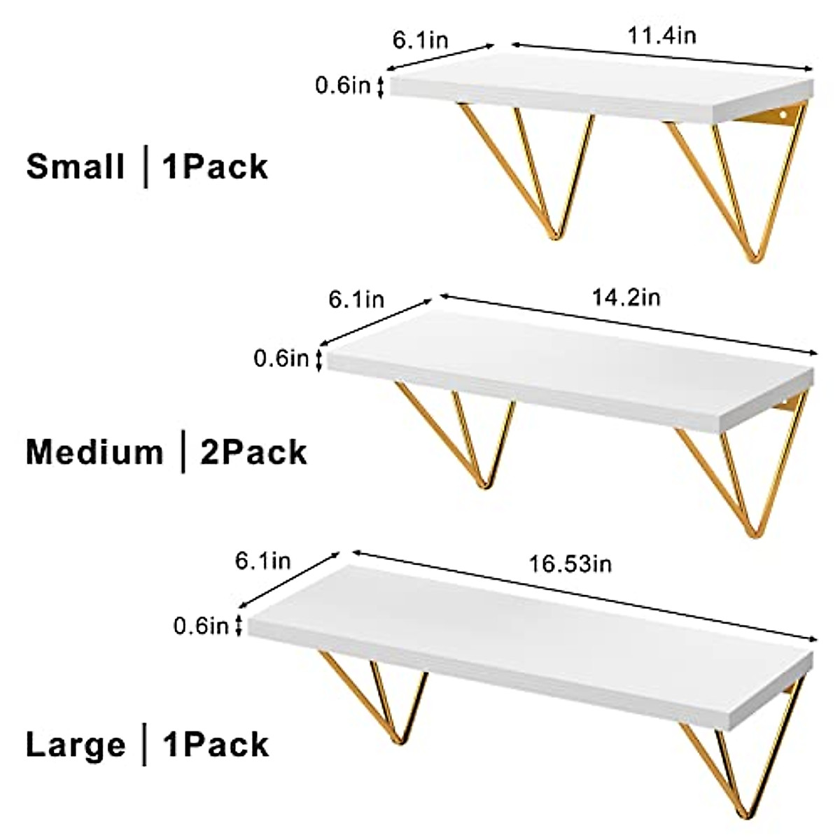 Fixwal 4 Set White Floating Shelves Wall Shelves , Shelves for Wall Decor, White Wall Shelves with Golden Metal Brackets for Bedroom, Living Room, Bathroom, Kitchen, Office Decor