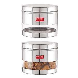HAZEL Stainless Steel Containers Set For Kitchen Storage Glossy Finish Transparent See Through Storage Jars Dabba, Set of 2, 1500 ML Each, Silver