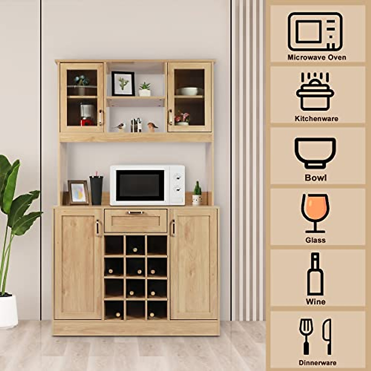 OKL Kitchen Pantry Storage Cabinet, 71" Traditional Freestanding Kitchen Buffet with Hutch with Microwave Countertop & Shelves, Kitchen Cupboard with Glass Doors for Living Room, Dining Room, Brown