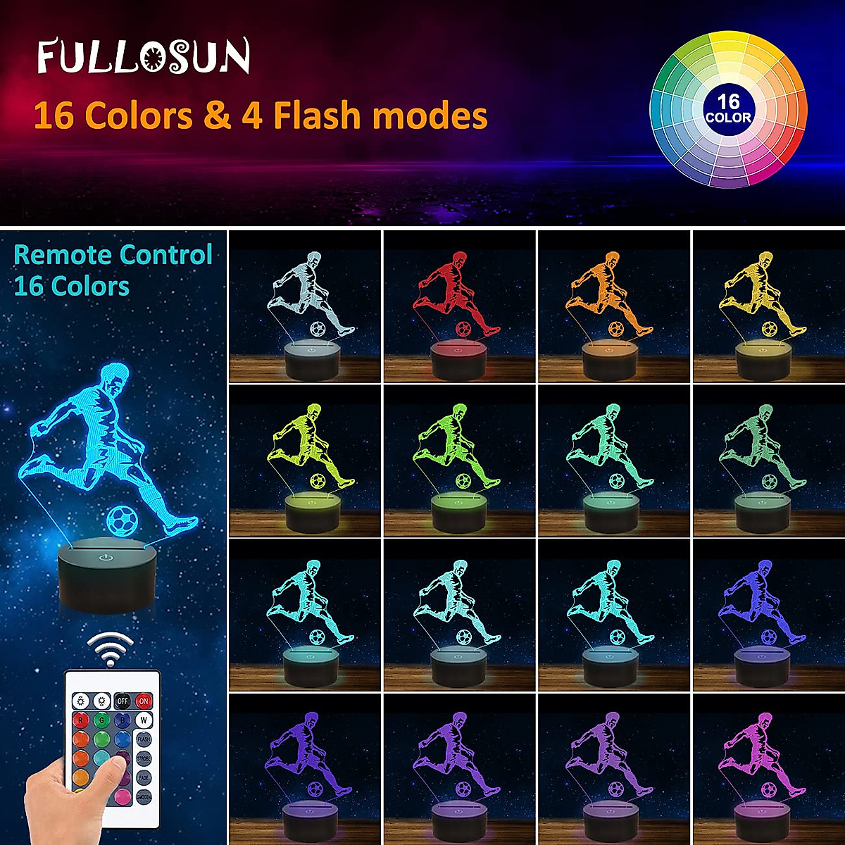 FULLOSUN Soccer Night Light, 3D Optical Illusion Lamp for Soccer Fan, Idea Birthday Xmas Gifts for Sport Fan Boys Girls with Remote Control 16 Color Change + Dim Function + 4 Flash Mode