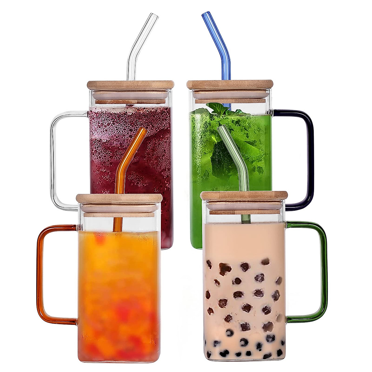 SAIOOL Glass Cups Set 4 Pack - 17oz Wide Mouth Mason Jar Drinking Glasses with Bamboo Lids & Straws and Square Color Handle Cup ,Beer, Iced Coffee, Ideal for Cocktail, Whiskey, Gift