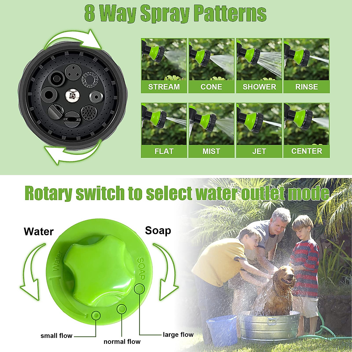 Dog Wash Hose Attachment for Indoor/Outdoor, 8 Spray Patterns Pup Jet Dog Wash Shower Hose Attachment with 3.5oz 100cc Soap Dispenser, Car Wash Mitt and Dog Bath Brush